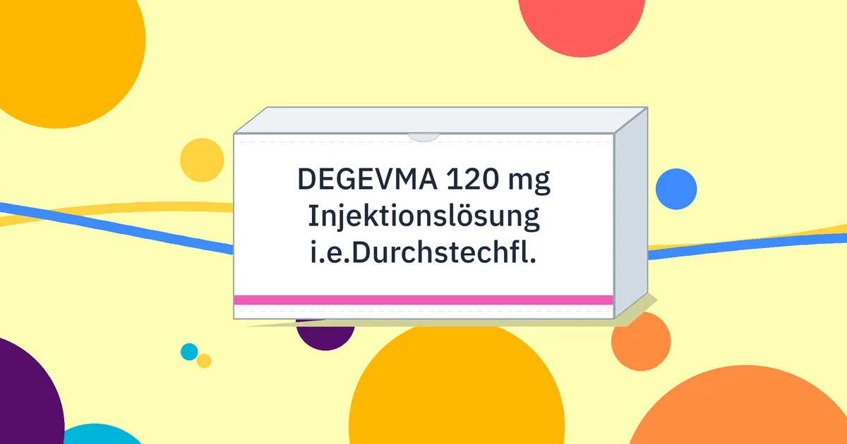 Symbolbild: Packung mit der Aufschrift DEGEVMA 120 mg Injektionslösung i.e.Durchstechfl. (PZN 19553865) – Verfügbarkeit und Bezug in Apotheken in Frankfurt am Main
