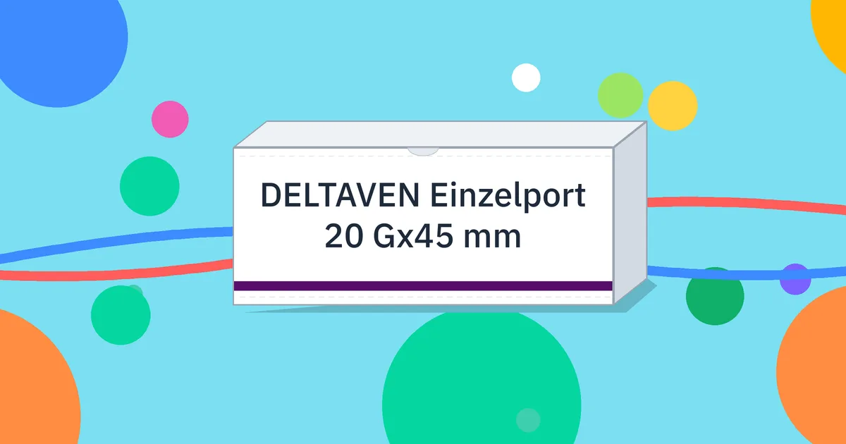Symbolbild: Packung mit der Aufschrift DELTAVEN Einzelport 20 Gx45 mm (PZN 20365206) – Verfügbarkeit und Bezug in Apotheken in Frankfurt am Main