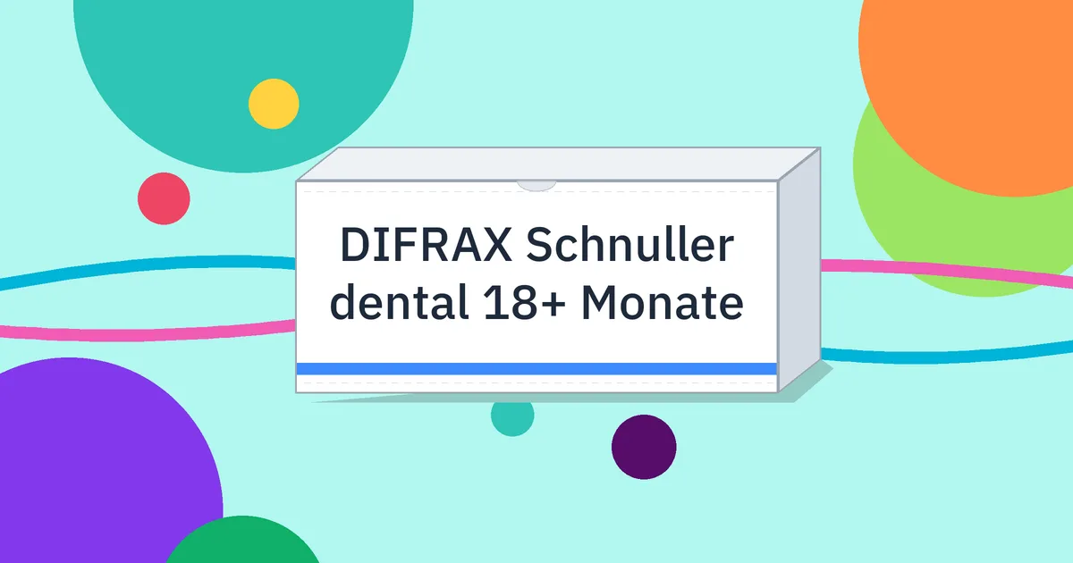 Symbolbild: Packung mit der Aufschrift DIFRAX Schnuller dental 18+ Monate (PZN 09290956) – Verfügbarkeit und Bezug in Apotheken in Frankfurt am Main