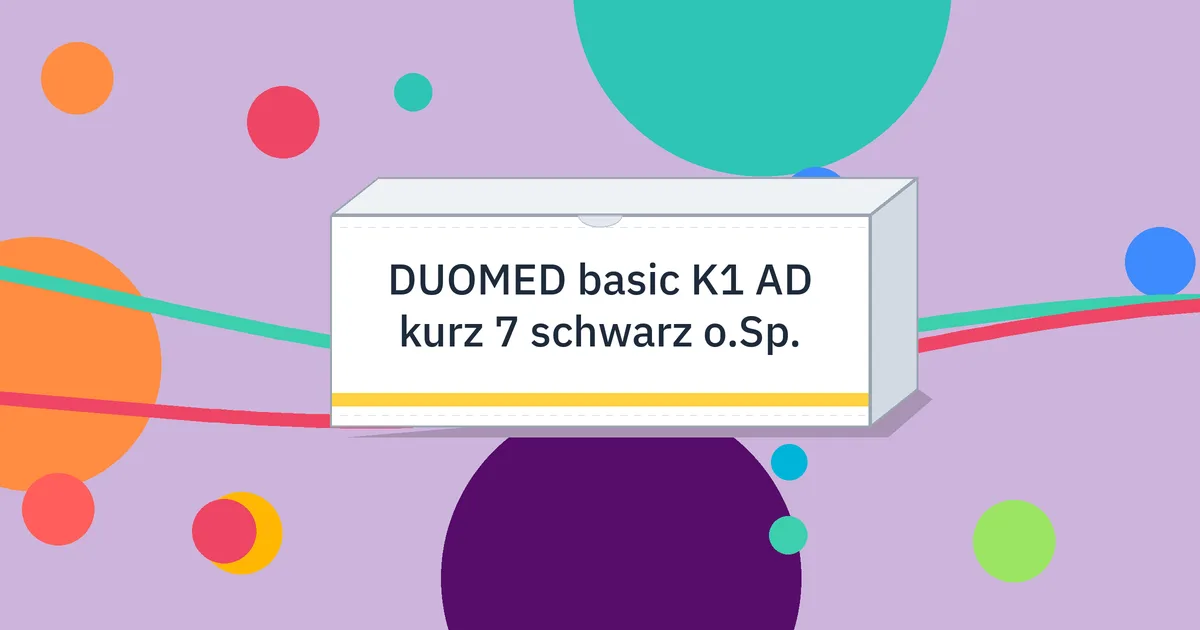 Symbolbild: Packung mit der Aufschrift DUOMED basic K1 AD kurz 7 schwarz o.Sp. (PZN 20904117) – Verfügbarkeit und Bezug in Apotheken in Frankfurt am Main