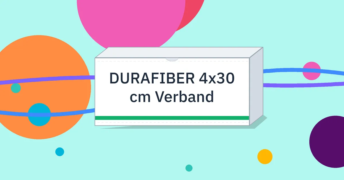 Symbolbild: Packung mit der Aufschrift DURAFIBER 4x30 cm Verband (PZN 03426053) – Verfügbarkeit und Bezug in Apotheken in Frankfurt am Main