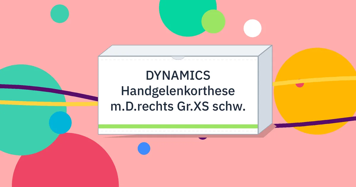 Symbolbild: Packung mit der Aufschrift DYNAMICS Handgelenkorthese m.D.rechts Gr.XS schw. (PZN 10633261) – Verfügbarkeit und Bezug in Apotheken in Frankfurt am Main
