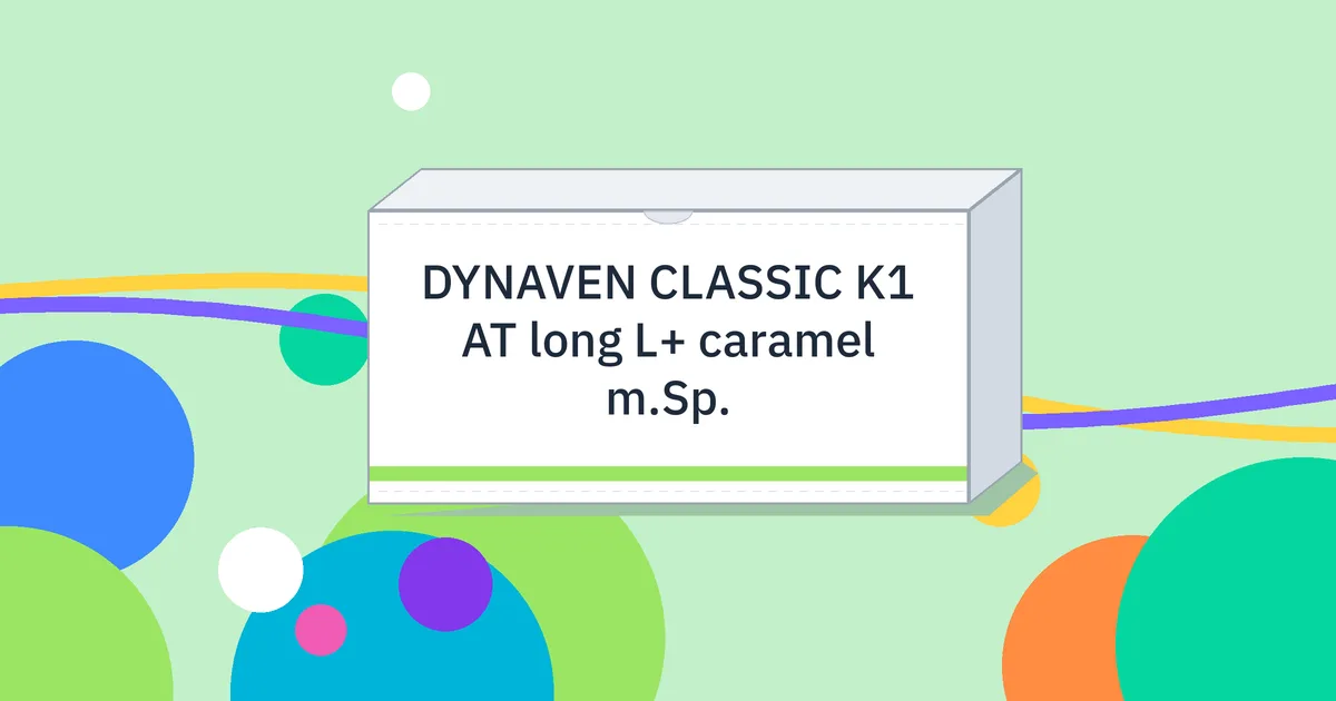 Symbolbild: Packung mit der Aufschrift DYNAVEN CLASSIC K1 AT long L+ caramel m.Sp. (PZN 18416474) – Verfügbarkeit und Bezug in Apotheken in Frankfurt am Main