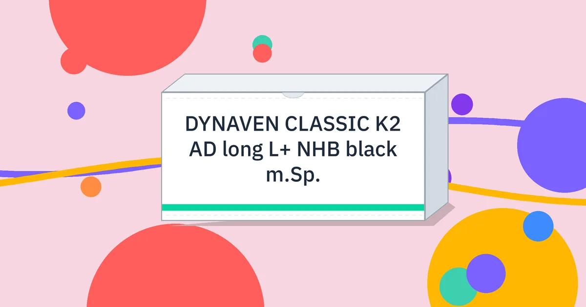 Symbolbild: Packung mit der Aufschrift DYNAVEN CLASSIC K2 AD long L+ NHB black m.Sp. (PZN 18418065) – Verfügbarkeit und Bezug in Apotheken in Frankfurt am Main