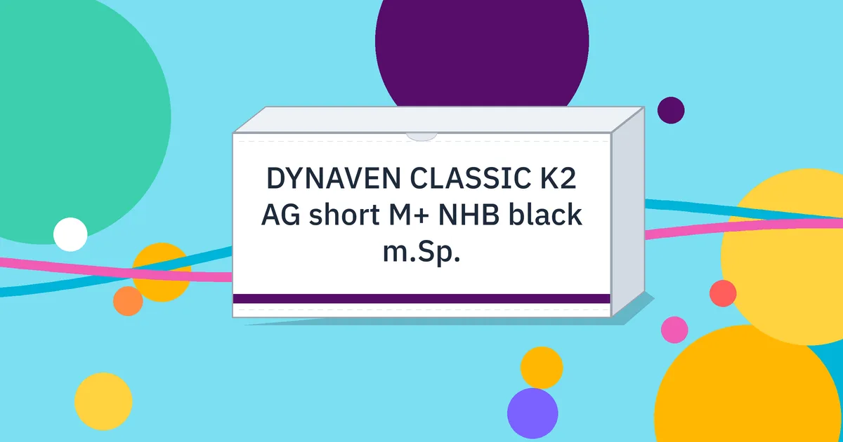 Symbolbild: Packung mit der Aufschrift DYNAVEN CLASSIC K2 AG short M+ NHB black m.Sp. (PZN 18418639) – Verfügbarkeit und Bezug in Apotheken in Frankfurt am Main