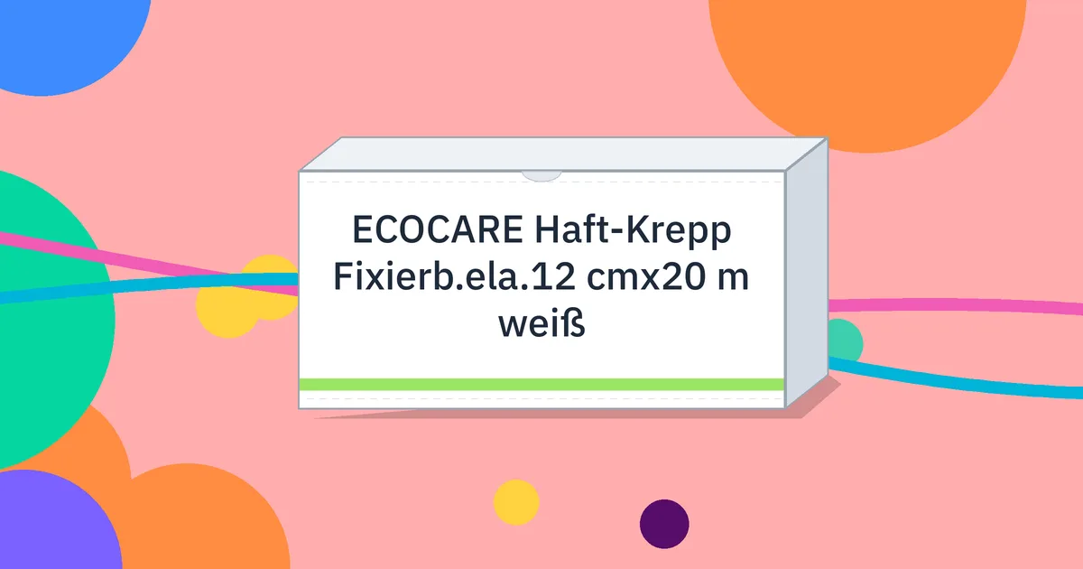 Symbolbild: Packung mit der Aufschrift ECOCARE Haft-Krepp Fixierb.ela.12 cmx20 m weiß (PZN 11518651) – Verfügbarkeit und Bezug in Apotheken in Frankfurt am Main