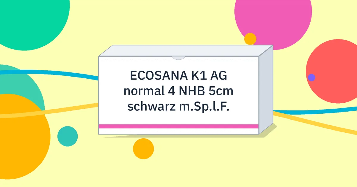 Symbolbild: Packung mit der Aufschrift ECOSANA K1 AG normal 4 NHB 5cm schwarz m.Sp.l.F. (PZN 04727992) – Verfügbarkeit und Bezug in Apotheken in Frankfurt am Main