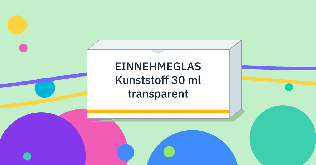 Symbolbild: Packung mit der Aufschrift EINNEHMEGLAS Kunststoff 30 ml transparent (PZN 19514032) – Verfügbarkeit und Bezug in Apotheken in Frankfurt am Main