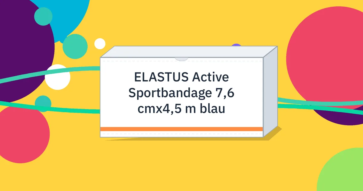 Symbolbild: Packung mit der Aufschrift ELASTUS Active Sportbandage 7,6 cmx4,5 m blau (PZN 19401411) – Verfügbarkeit und Bezug in Apotheken in Frankfurt am Main