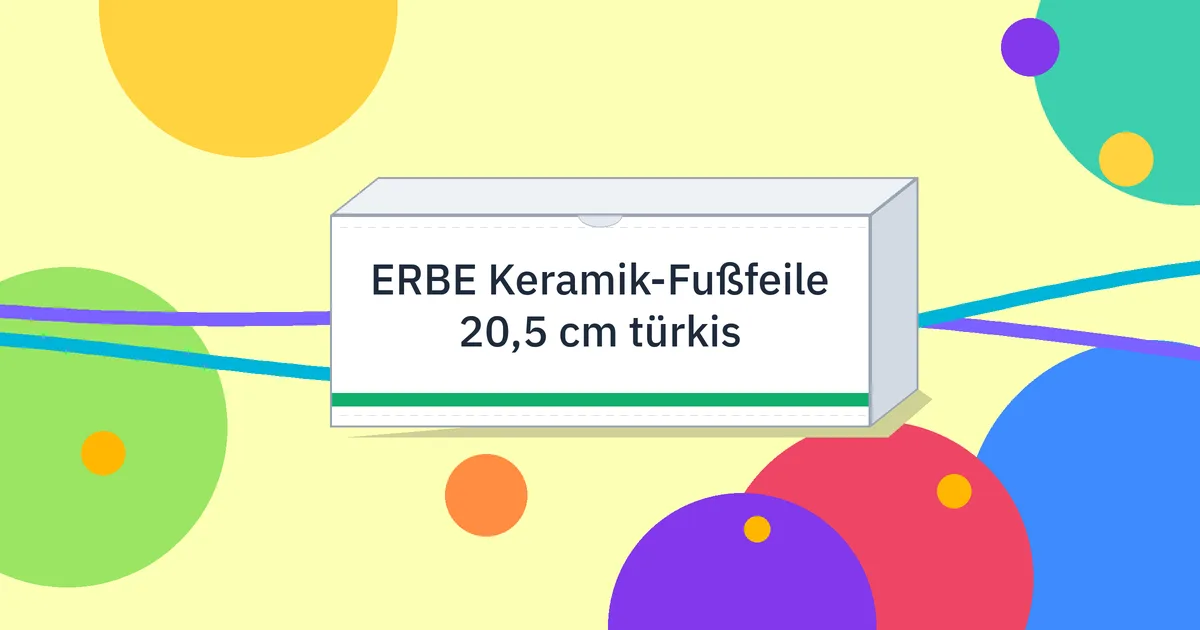 Symbolbild: Packung mit der Aufschrift ERBE Keramik-Fußfeile 20,5 cm türkis (PZN 14220981) – Verfügbarkeit und Bezug in Apotheken in Frankfurt am Main