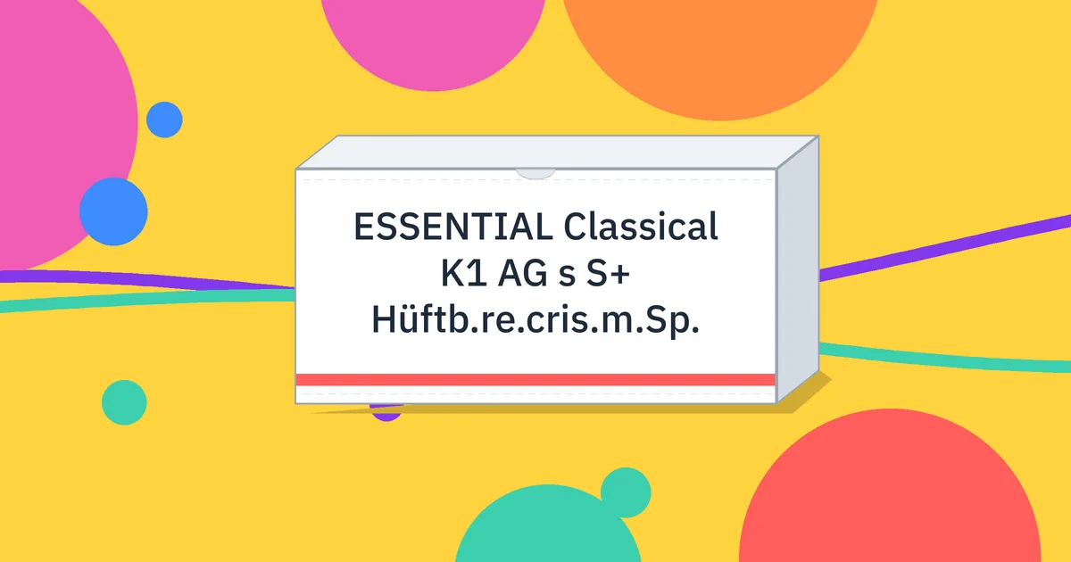 Symbolbild: Packung mit der Aufschrift ESSENTIAL Classical K1 AG s S+ Hüftb.re.cris.m.Sp. (PZN 17012450) – Verfügbarkeit und Bezug in Apotheken in Frankfurt am Main