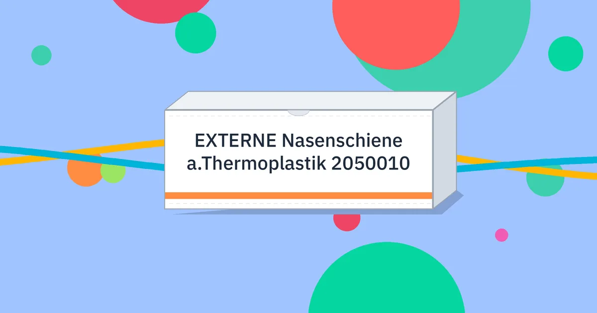Symbolbild: Packung mit der Aufschrift EXTERNE Nasenschiene a.Thermoplastik 2050010 (PZN 00766877) – Verfügbarkeit und Bezug in Apotheken in Frankfurt am Main