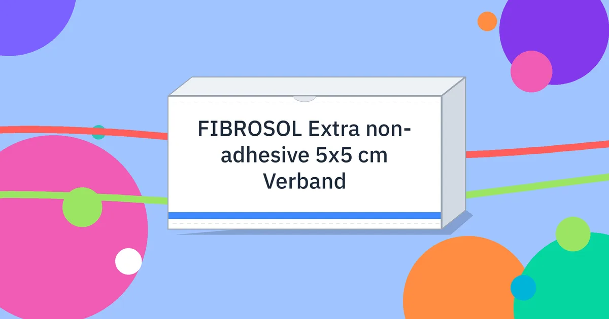 Symbolbild: Packung mit der Aufschrift FIBROSOL Extra non-adhesive 5x5 cm Verband (PZN 17468150) – Verfügbarkeit und Bezug in Apotheken in Frankfurt am Main