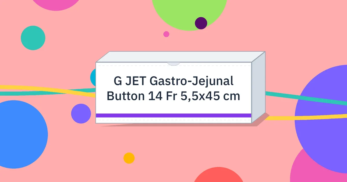Symbolbild: Packung mit der Aufschrift G JET Gastro-Jejunal Button 14 Fr 5,5x45 cm (PZN 14346653) – Verfügbarkeit und Bezug in Apotheken in Frankfurt am Main