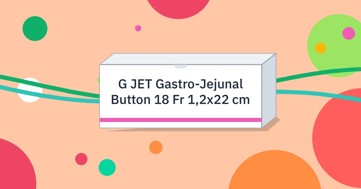 Symbolbild: Packung mit der Aufschrift G JET Gastro-Jejunal Button 18 Fr 1,2x22 cm (PZN 14347084) – Verfügbarkeit und Bezug in Apotheken in Frankfurt am Main