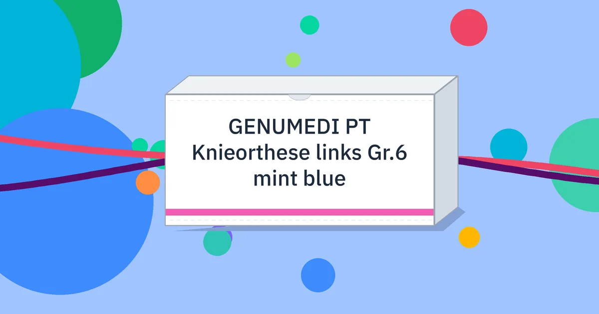 Symbolbild: Packung mit der Aufschrift GENUMEDI PT Knieorthese links Gr.6 mint blue (PZN 17982533) – Verfügbarkeit und Bezug in Apotheken in Frankfurt am Main