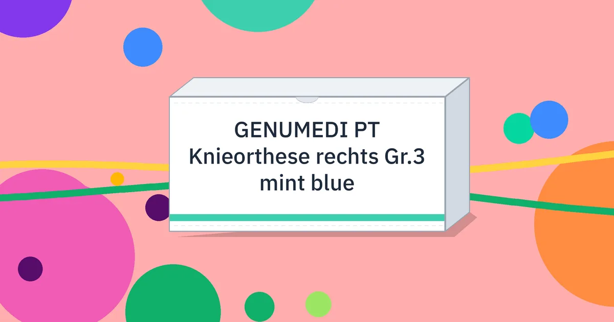 Symbolbild: Packung mit der Aufschrift GENUMEDI PT Knieorthese rechts Gr.3 mint blue (PZN 17982585) – Verfügbarkeit und Bezug in Apotheken in Frankfurt am Main