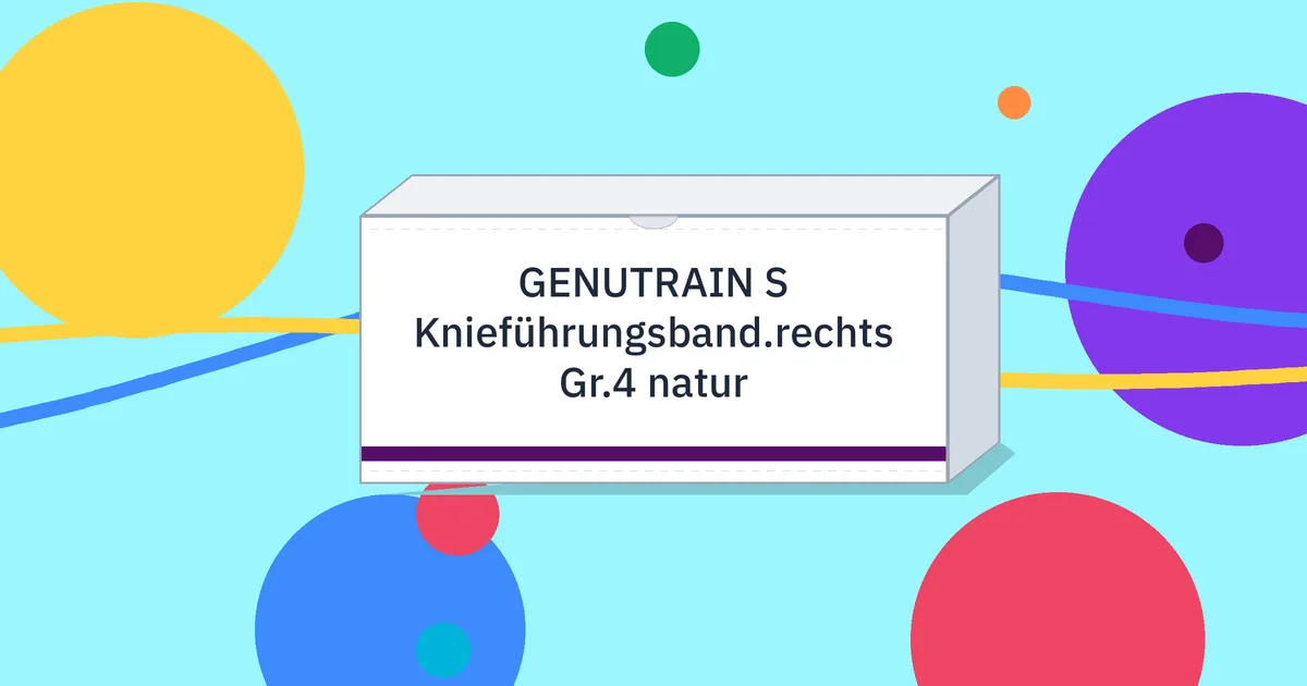 Symbolbild: Packung mit der Aufschrift GENUTRAIN S Knieführungsband.rechts Gr.4 natur (PZN 02429121) – Verfügbarkeit und Bezug in Apotheken in Frankfurt am Main