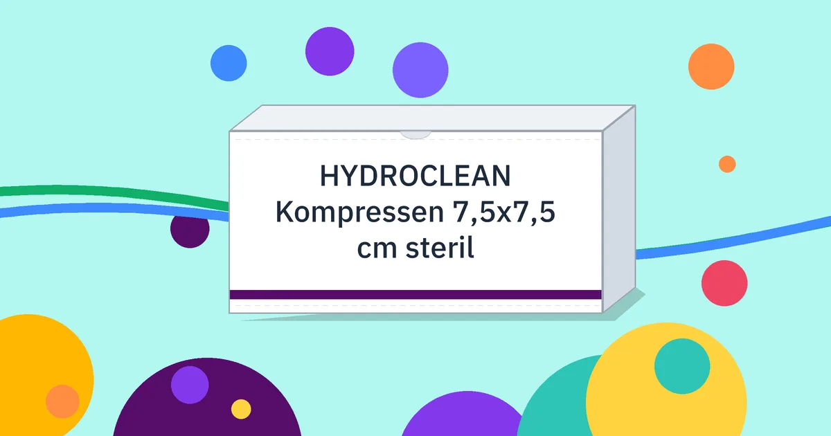 Symbolbild: Packung mit der Aufschrift HYDROCLEAN Kompressen 7,5x7,5 cm steril (PZN 15297081) – Verfügbarkeit und Bezug in Apotheken in Frankfurt am Main
