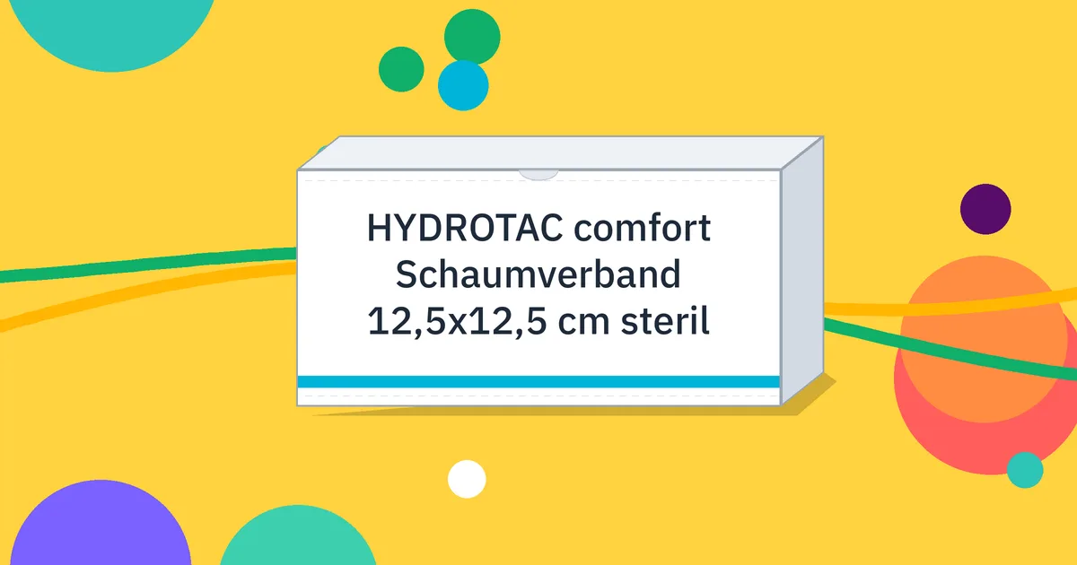 Symbolbild: Packung mit der Aufschrift HYDROTAC comfort Schaumverband 12,5x12,5 cm steril (PZN 18052670) – Verfügbarkeit und Bezug in Apotheken in Frankfurt am Main