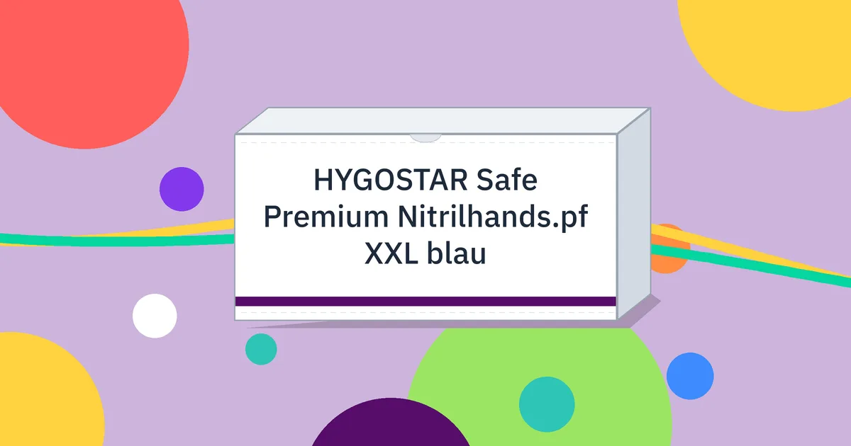 Symbolbild: Packung mit der Aufschrift HYGOSTAR Safe Premium Nitrilhands.pf XXL blau (PZN 20773187) – Verfügbarkeit und Bezug in Apotheken in Frankfurt am Main
