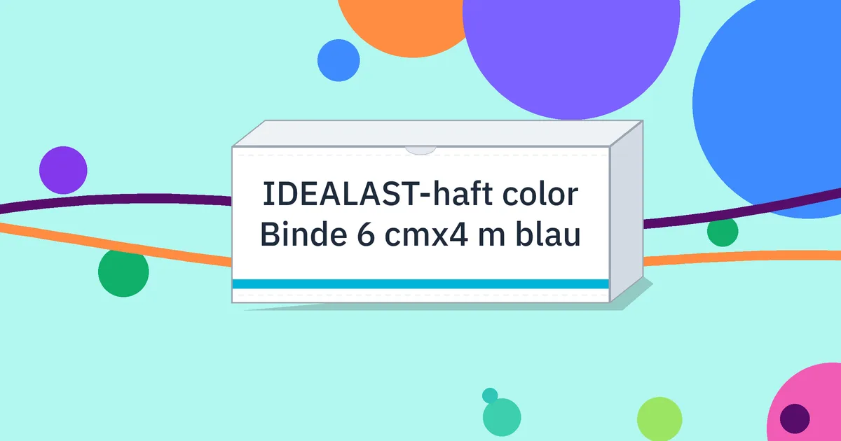 Symbolbild: Packung mit der Aufschrift IDEALAST-haft color Binde 6 cmx4 m blau (PZN 12579353) – Verfügbarkeit und Bezug in Apotheken in Frankfurt am Main