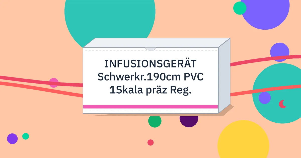 Symbolbild: Packung mit der Aufschrift INFUSIONSGERÄT Schwerkr.190cm PVC 1Skala präz Reg. (PZN 18897858) – Verfügbarkeit und Bezug in Apotheken in Frankfurt am Main