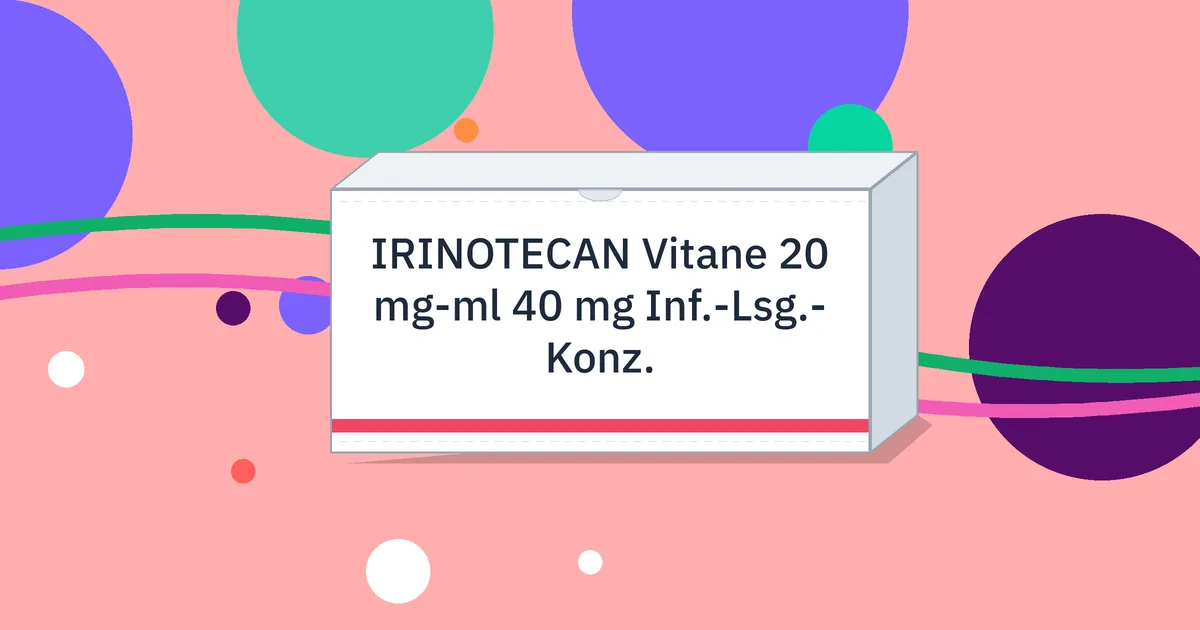 Symbolbild: Packung mit der Aufschrift IRINOTECAN Vitane 20 mg-ml 40 mg Inf.-Lsg.-Konz. (PZN 10525867) – Verfügbarkeit und Bezug in Apotheken in Frankfurt am Main