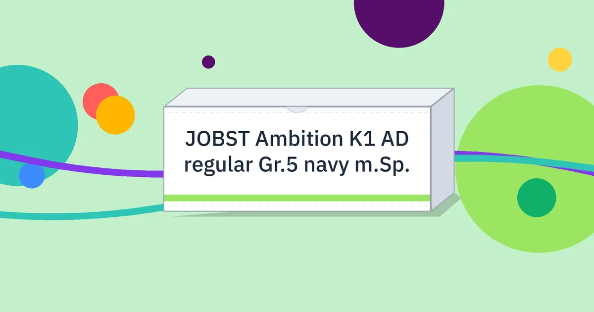 Symbolbild: Packung mit der Aufschrift JOBST Ambition K1 AD regular Gr.5 navy m.Sp. (PZN 11020342) – Verfügbarkeit und Bezug in Apotheken in Frankfurt am Main