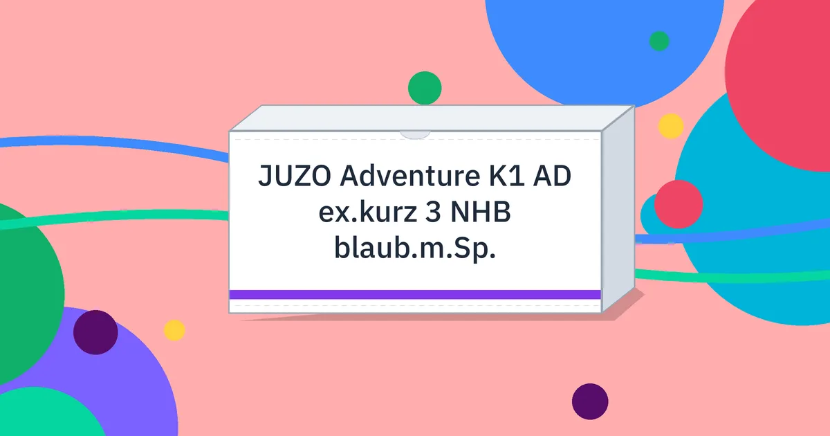 Symbolbild: Packung mit der Aufschrift JUZO Adventure K1 AD ex.kurz 3 NHB blaub.m.Sp. (PZN 16346657) – Verfügbarkeit und Bezug in Apotheken in Frankfurt am Main