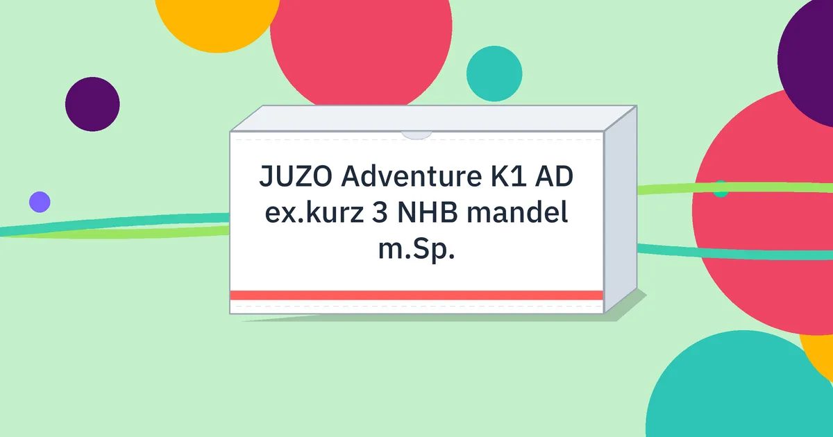 Symbolbild: Packung mit der Aufschrift JUZO Adventure K1 AD ex.kurz 3 NHB mandel m.Sp. (PZN 14975550) – Verfügbarkeit und Bezug in Apotheken in Frankfurt am Main