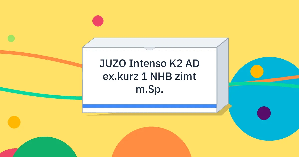 Symbolbild: Packung mit der Aufschrift JUZO Intenso K2 AD ex.kurz 1 NHB zimt m.Sp. (PZN 18611448) – Verfügbarkeit und Bezug in Apotheken in Frankfurt am Main