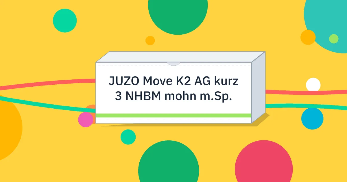 Symbolbild: Packung mit der Aufschrift JUZO Move K2 AG kurz 3 NHBM mohn m.Sp. (PZN 18558932) – Verfügbarkeit und Bezug in Apotheken in Frankfurt am Main
