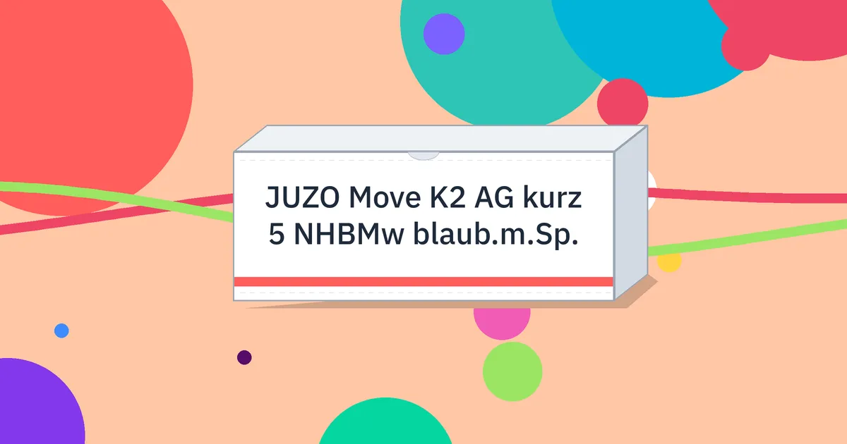 Symbolbild: Packung mit der Aufschrift JUZO Move K2 AG kurz 5 NHBMw blaub.m.Sp. (PZN 18559073) – Verfügbarkeit und Bezug in Apotheken in Frankfurt am Main