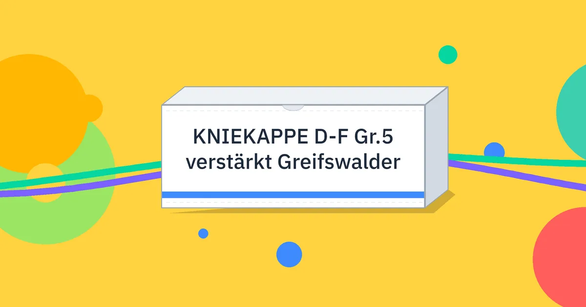 Symbolbild: Packung mit der Aufschrift KNIEKAPPE D-F Gr.5 verstärkt Greifswalder (PZN 01969720) – Verfügbarkeit und Bezug in Apotheken in Frankfurt am Main