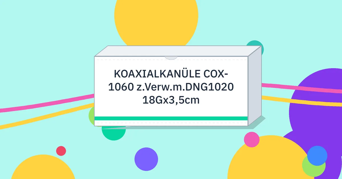 Symbolbild: Packung mit der Aufschrift KOAXIALKANÜLE COX-1060 z.Verw.m.DNG1020 18Gx3,5cm (PZN 00284397) – Verfügbarkeit und Bezug in Apotheken in Frankfurt am Main