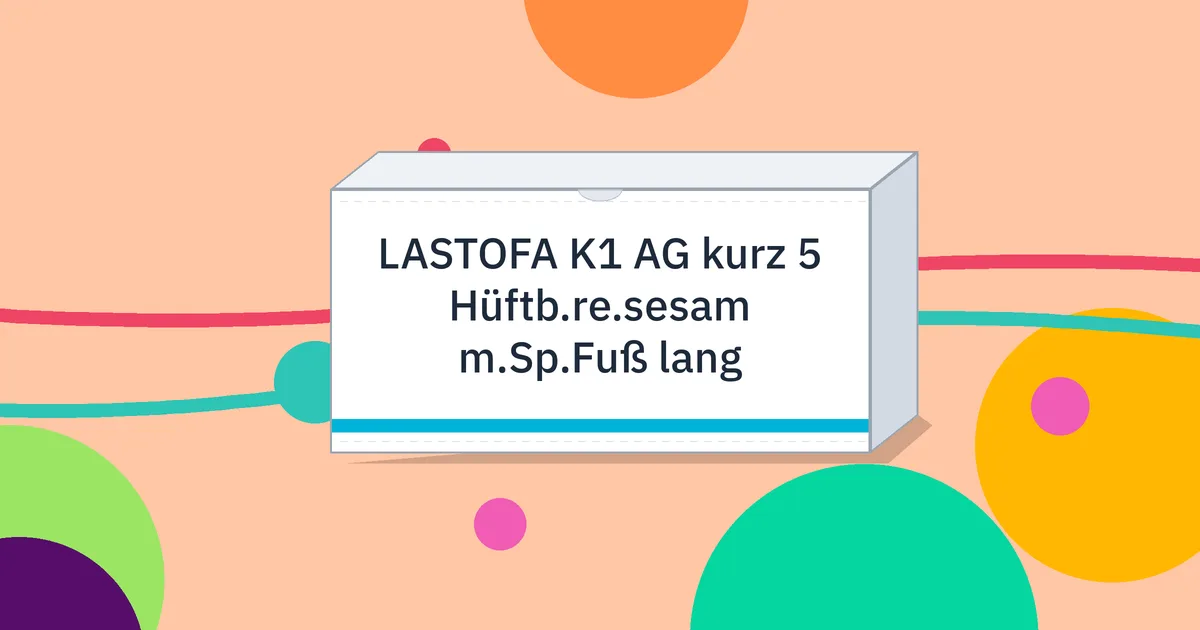 Symbolbild: Packung mit der Aufschrift LASTOFA K1 AG kurz 5 Hüftb.re.sesam m.Sp.Fuß lang (PZN 13798896) – Verfügbarkeit und Bezug in Apotheken in Frankfurt am Main