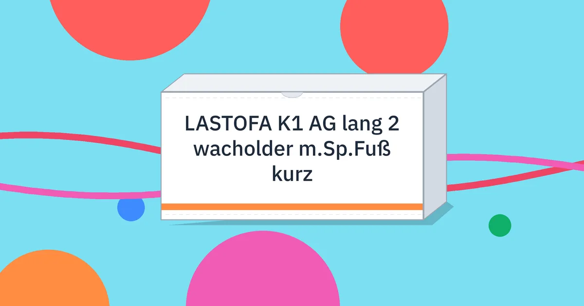 Symbolbild: Packung mit der Aufschrift LASTOFA K1 AG lang 2 wacholder m.Sp.Fuß kurz (PZN 13789880) – Verfügbarkeit und Bezug in Apotheken in Frankfurt am Main