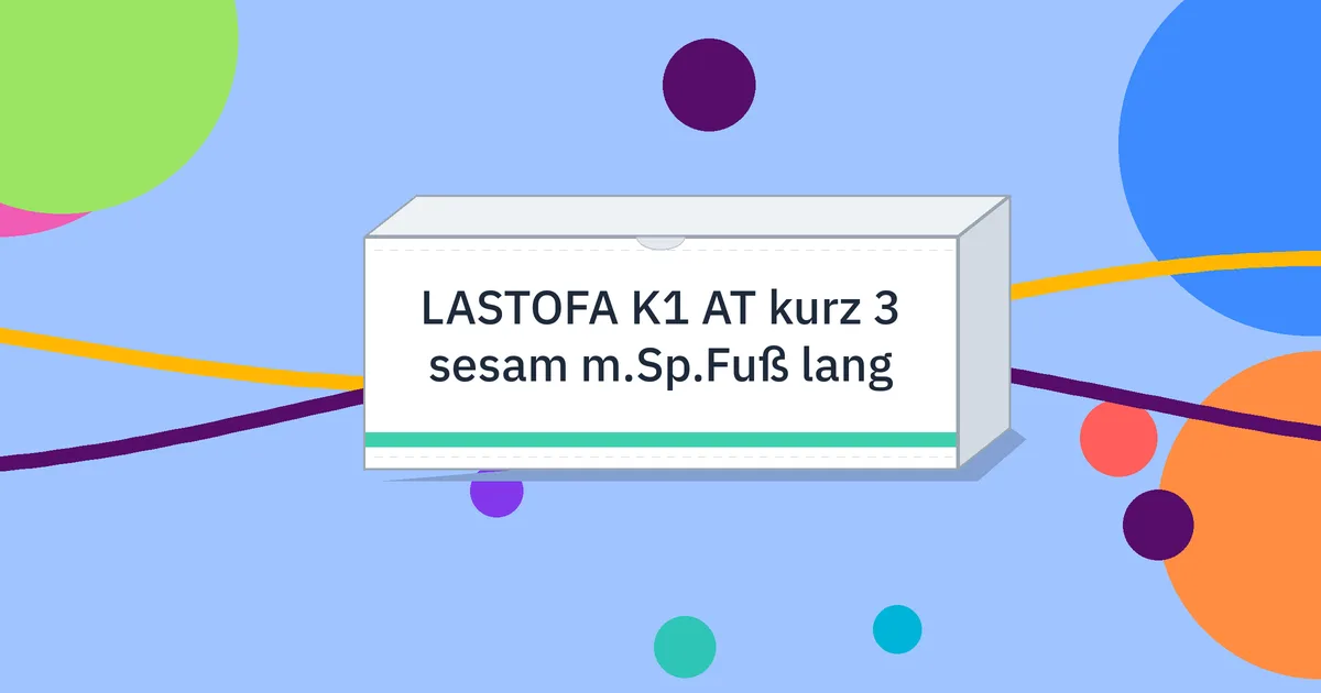 Symbolbild: Packung mit der Aufschrift LASTOFA K1 AT kurz 3 sesam m.Sp.Fuß lang (PZN 13795998) – Verfügbarkeit und Bezug in Apotheken in Frankfurt am Main