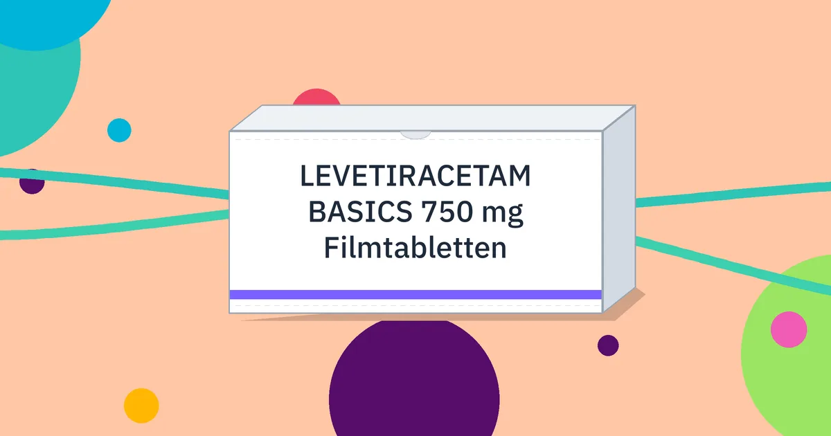 Symbolbild: Packung mit der Aufschrift LEVETIRACETAM BASICS 750 mg Filmtabletten (PZN 09482986) – Verfügbarkeit und Bezug in Apotheken in Frankfurt am Main