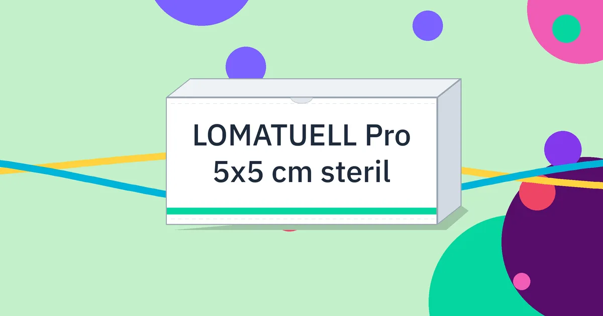 Symbolbild: Packung mit der Aufschrift LOMATUELL Pro 5x5 cm steril (PZN 15201661) – Verfügbarkeit und Bezug in Apotheken in Frankfurt am Main