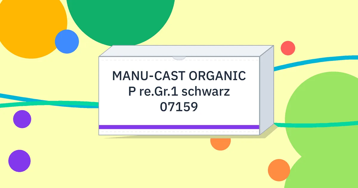 Symbolbild: Packung mit der Aufschrift MANU-CAST ORGANIC P re.Gr.1 schwarz 07159 (PZN 17889934) – Verfügbarkeit und Bezug in Apotheken in Frankfurt am Main