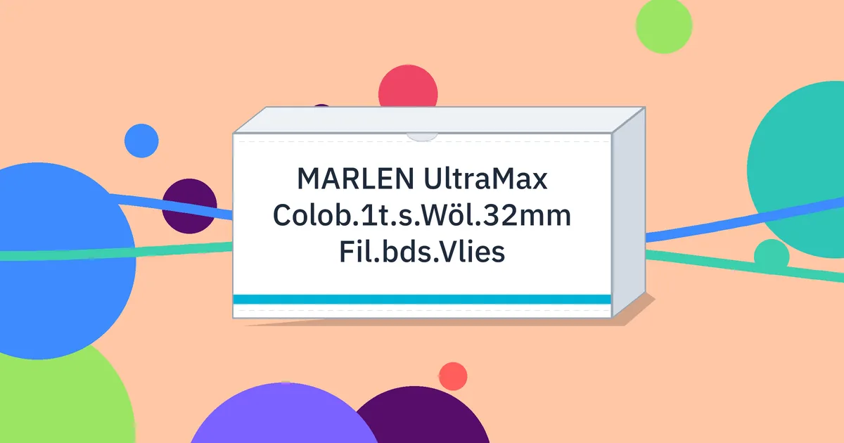 Symbolbild: Packung mit der Aufschrift MARLEN UltraMax Colob.1t.s.Wöl.32mm Fil.bds.Vlies (PZN 00625355) – Verfügbarkeit und Bezug in Apotheken in Frankfurt am Main