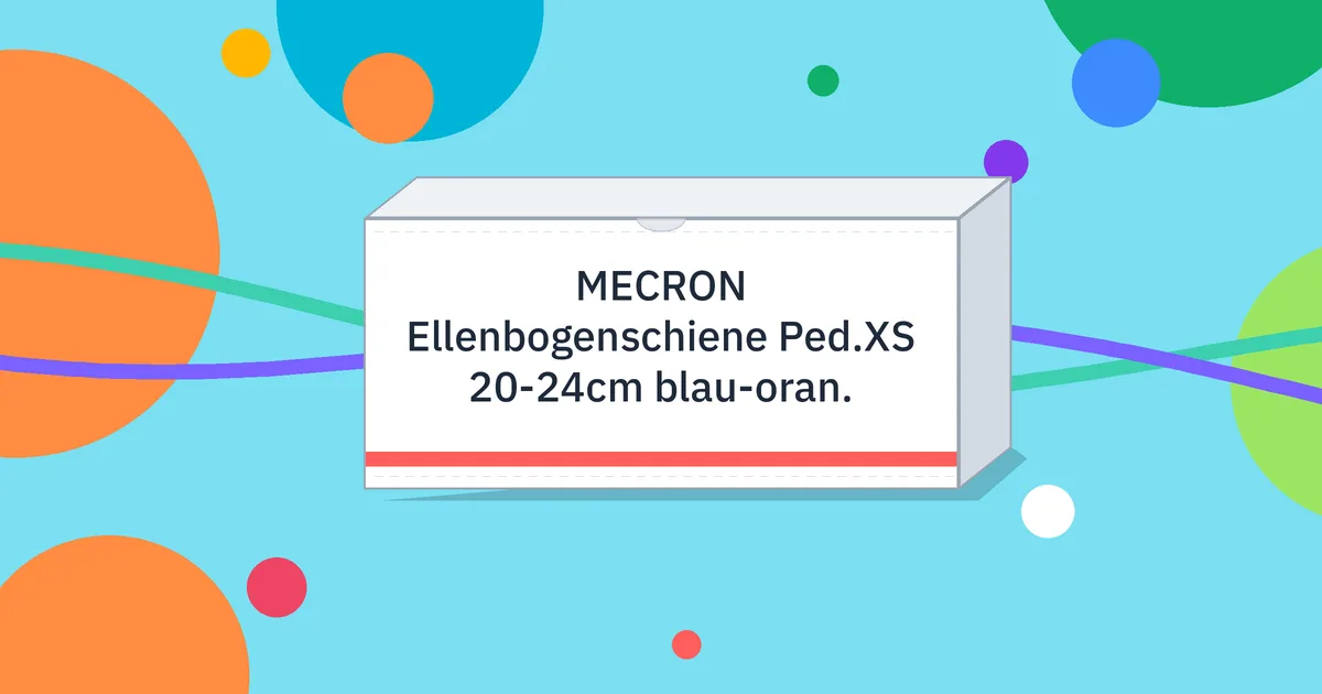 Symbolbild: Packung mit der Aufschrift MECRON Ellenbogenschiene Ped.XS 20-24cm blau-oran. (PZN 18377886) – Verfügbarkeit und Bezug in Apotheken in Frankfurt am Main