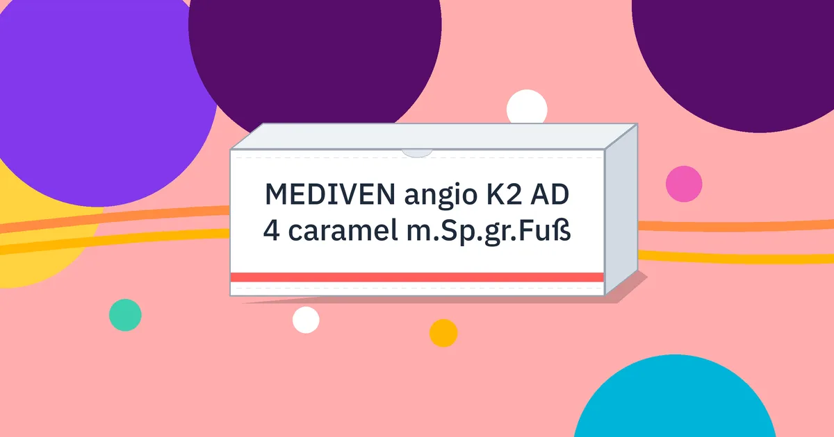 Symbolbild: Packung mit der Aufschrift MEDIVEN angio K2 AD 4 caramel m.Sp.gr.Fuß (PZN 17210693) – Verfügbarkeit und Bezug in Apotheken in Frankfurt am Main