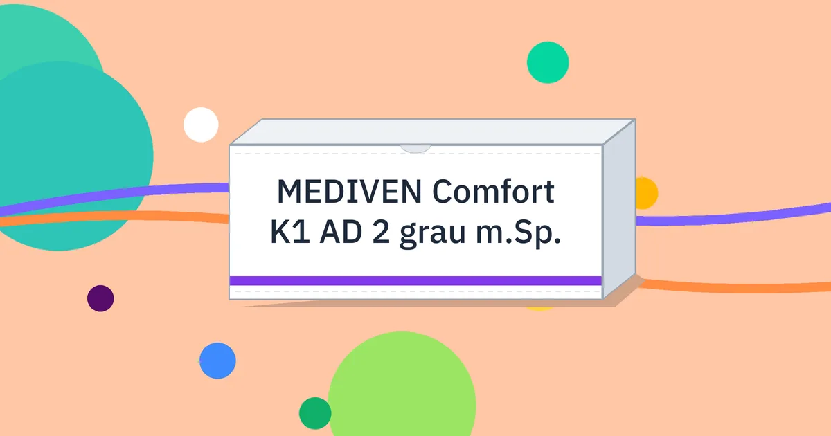 Symbolbild: Packung mit der Aufschrift MEDIVEN Comfort K1 AD 2 grau m.Sp. (PZN 19005626) – Verfügbarkeit und Bezug in Apotheken in Frankfurt am Main