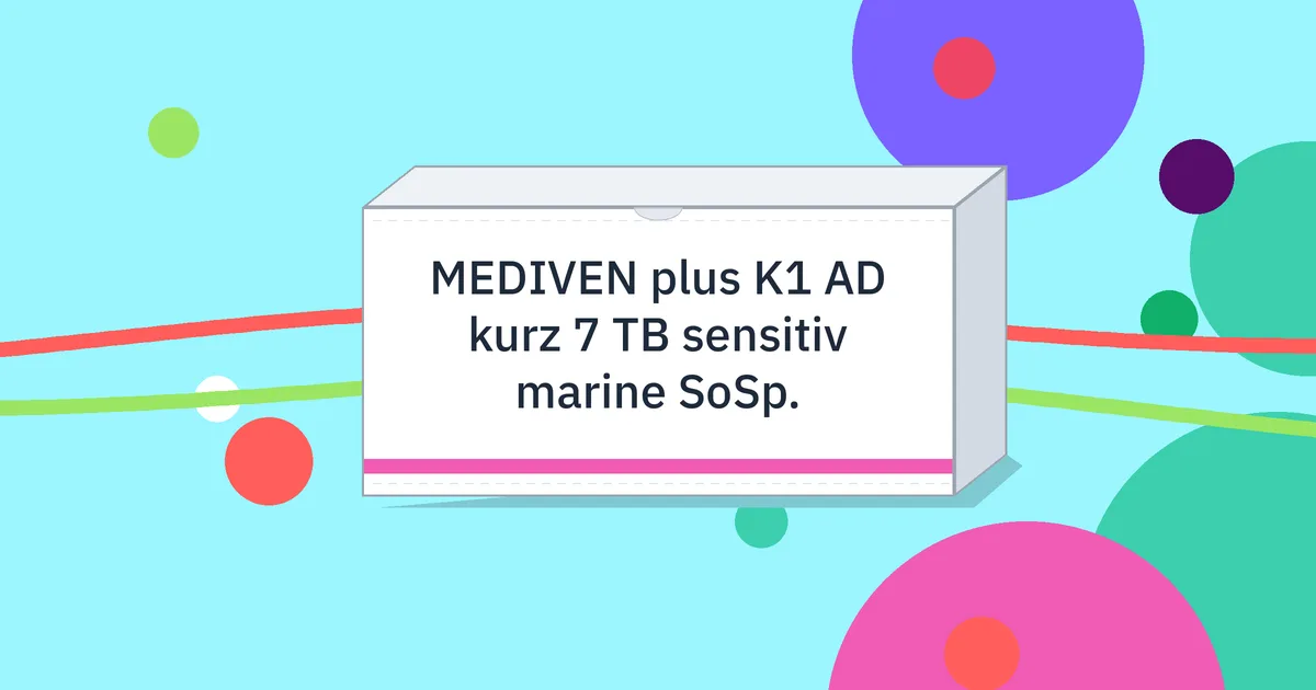 Symbolbild: Packung mit der Aufschrift MEDIVEN plus K1 AD kurz 7 TB sensitiv marine SoSp. (PZN 15052913) – Verfügbarkeit und Bezug in Apotheken in Frankfurt am Main