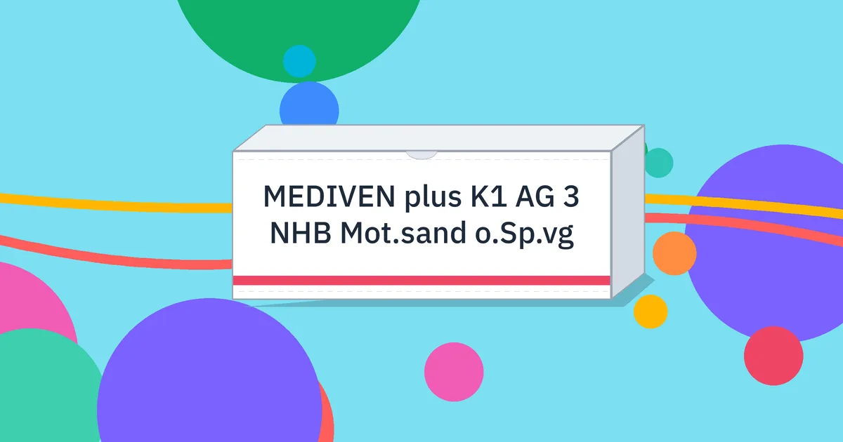 Symbolbild: Packung mit der Aufschrift MEDIVEN plus K1 AG 3 NHB Mot.sand o.Sp.vg (PZN 18940548) – Verfügbarkeit und Bezug in Apotheken in Frankfurt am Main
