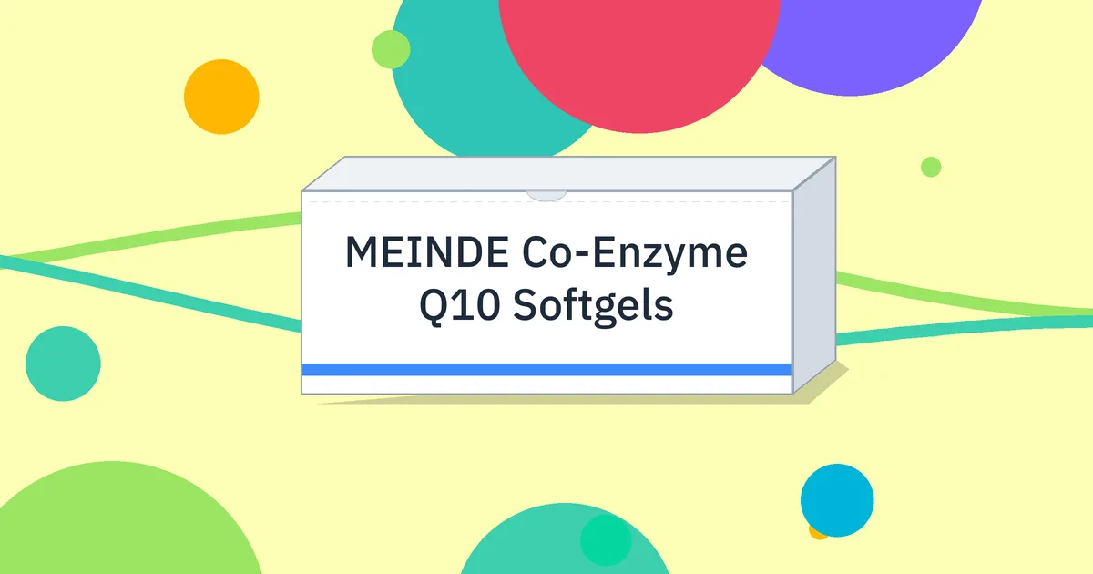 Symbolbild: Packung mit der Aufschrift MEINDE Co-Enzyme Q10 Softgels (PZN 20104026) – Verfügbarkeit und Bezug in Apotheken in Frankfurt am Main