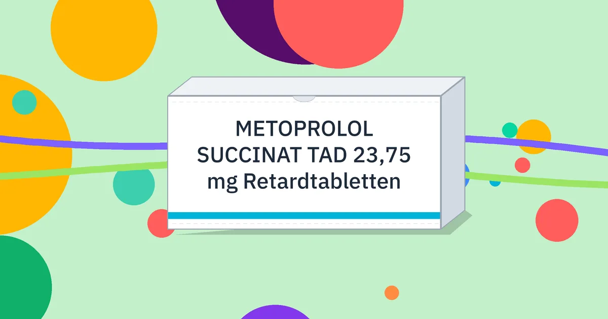 Symbolbild: Packung mit der Aufschrift METOPROLOL SUCCINAT TAD 23,75 mg Retardtabletten (PZN 01167558) – Verfügbarkeit und Bezug in Apotheken in Frankfurt am Main